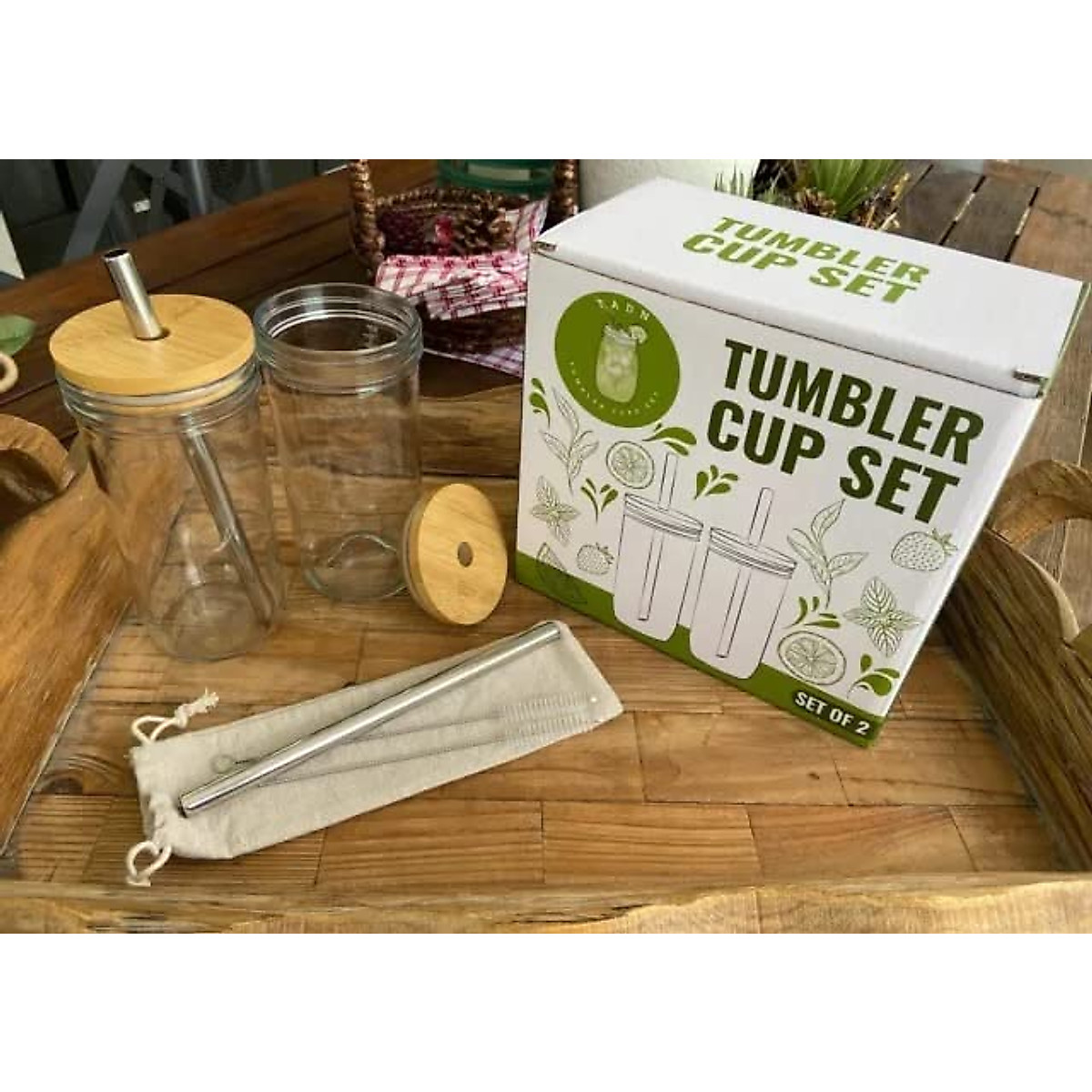 TADN Tumbler Cup Set with Lids and Straws 24oz (Set of 2) Wide Mouth Drinking Glasses Cups - Modern Style - Great for Smoothie, Bubble tea, Fresh Water, Ice Coffee -Reusable