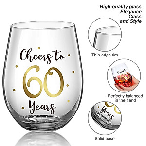 Birthday Stemless Wine Glass, Gold Birthday Wine Glass Present for Men Women Birthday Party Wedding Anniversary Decorations, 17 oz Stemless (Cheers to 60 Years)