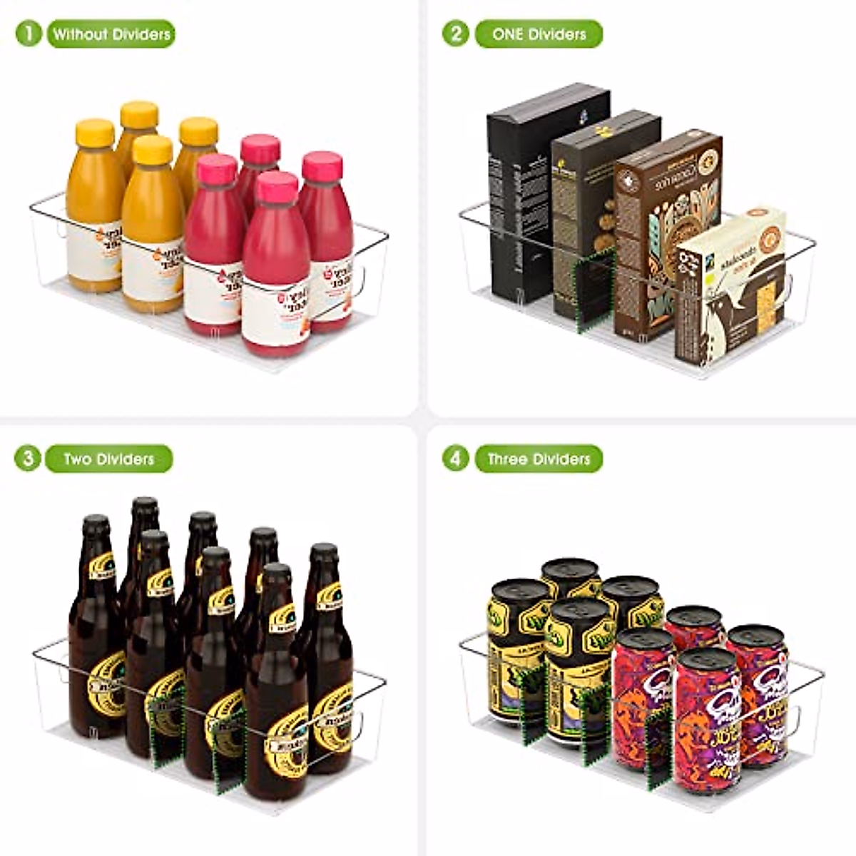 3 Pack Snack Organizer for Pantry – Food Organization and Storage Clear Bins w Removable 3 Dividers, Acrylic Fridge/Refrigerator Organizers, for Kitchen, Cabinets, Snacks, Packets, Sauce, Pouches