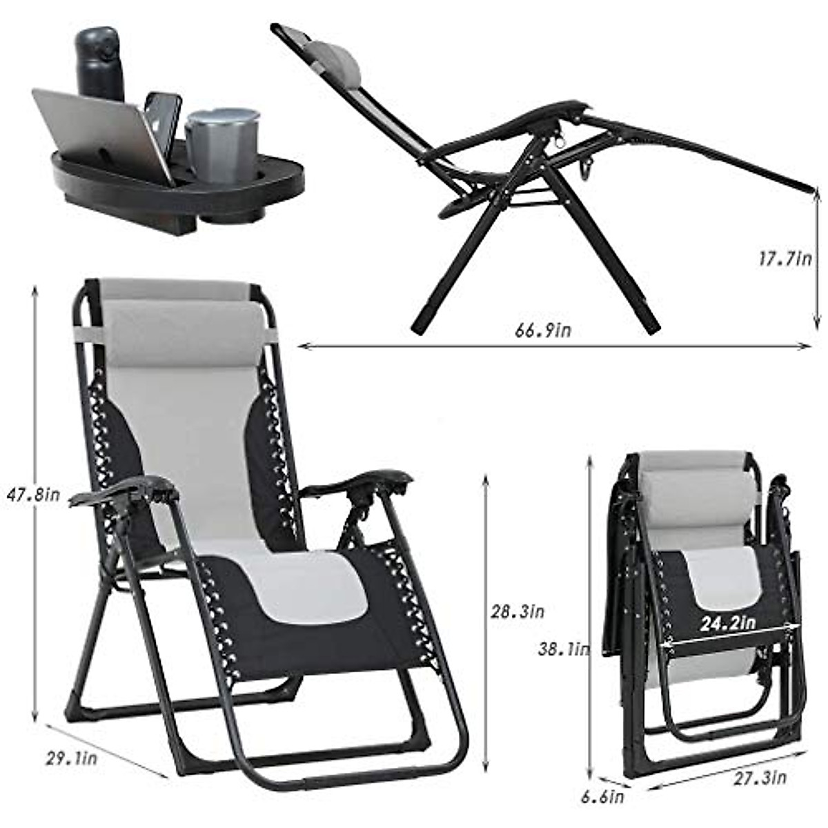 Zero Gravity Chair Patio Chair Lounge Chair Chaise Oversized, 420 lbs Weight Capacity Outdoor Folding Adjustable Recliner Chair with Cup Holder Tray and Pillows for Pool, Beach, Lawn, Deck, Yard