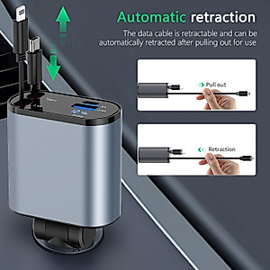 Paiholy Retractable Car Charger,4 in 1 Fast USB C Car Charger 100W with Dual Retractable Cable Dual USB Ports,Voltage Display Car Charger Compatible with iPhone 15 Pro Max/14/13/12,Galaxy S23/ S22/S10