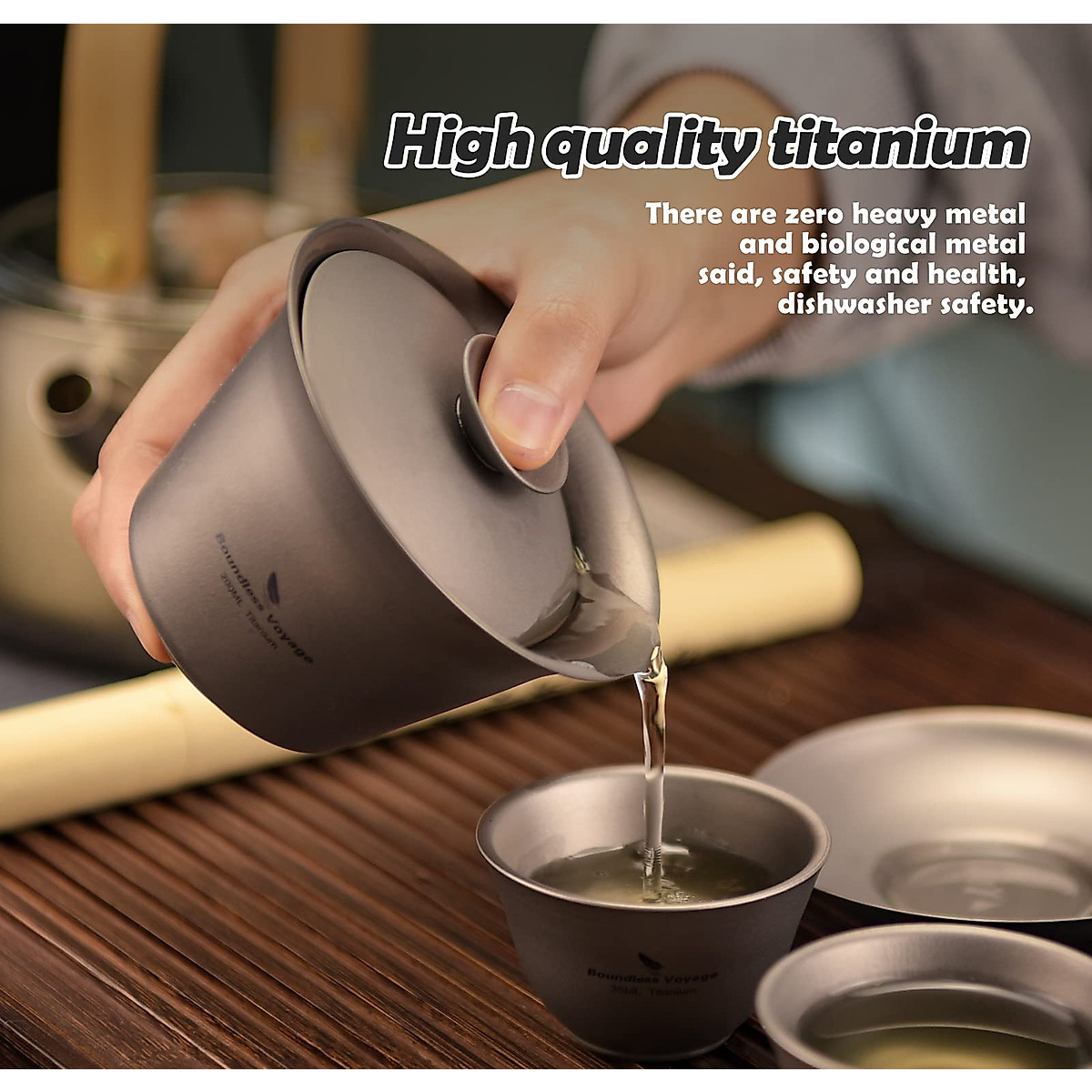 iBasingo 200ML Titanium Gaiwan Kung Fu Teacup with Lid and Saucer Set Lightweight Portable Chinese Traditional Gaiwan Tea Bowl Teacup with Cover Outdoor Camping Tea Set Ti3123D