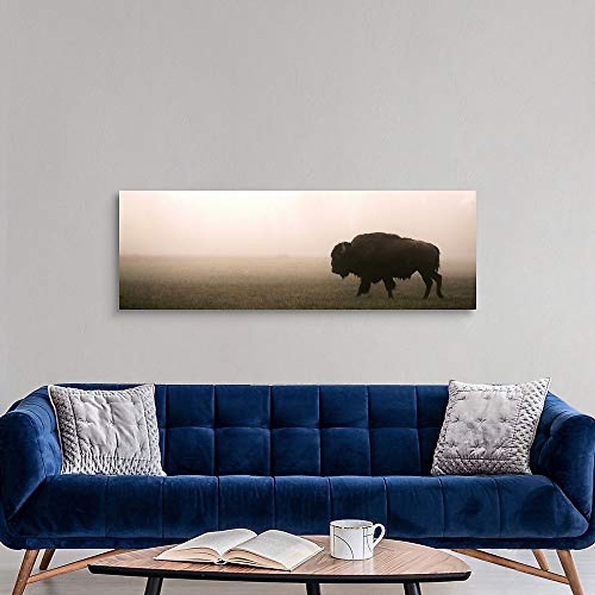 A Bison in Mist - Panoramic Canvas Wall Art Print, Wyoming Artwork