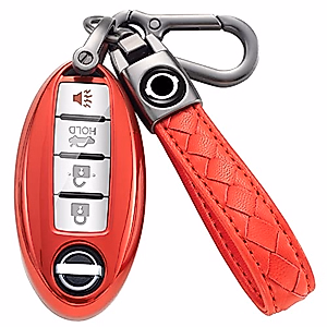 Amebom Compatible with Nissan Key Fob Cover,Fob Cover Case for Nissan Altima Maxima Murano Rogue Sentra 370z Pathfinder Smart Remote Premium Soft TPU Key Cover 2/3/ 4/5 Button, B-(Red)