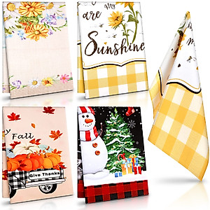 Batiyeer 4 Pcs Seasonal Holiday Kitchen Towels Valentine's Day Gifts for Woman Spring Daisy Sunflower Dish Towels Fall Snowman Towel for Holidays Harvest Thanksgiving Autumn Holiday Gift