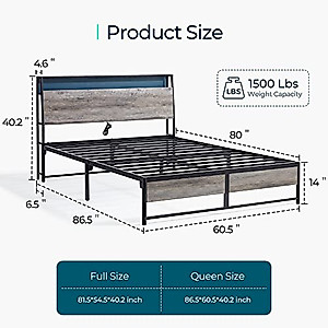 LINSY LIVING Queen Bed Frame with Headboard, Platform Metal Bed Frame with Lights, Outlets & Charger, 45 Minutes Fast Assembly Bed Queen Size with Storage, No Box Spring Needed, Greige