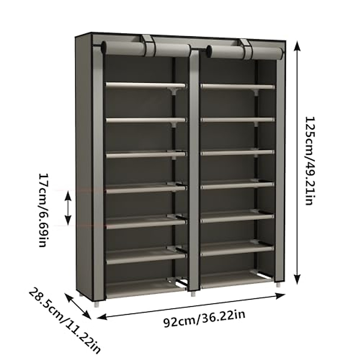 JIUYOTREE Double Row Shoe Rack Storage Organizer with Big Capacity,7-Tier Shoe Cabinet,Shelf,Closet with Nonwoven Fabric Cover for 28 Pairs of Shoes,Grey