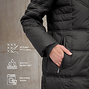 LONDON FOG Women's Chevron Coat with Faux Fur Trimmed Hood, Black, Large