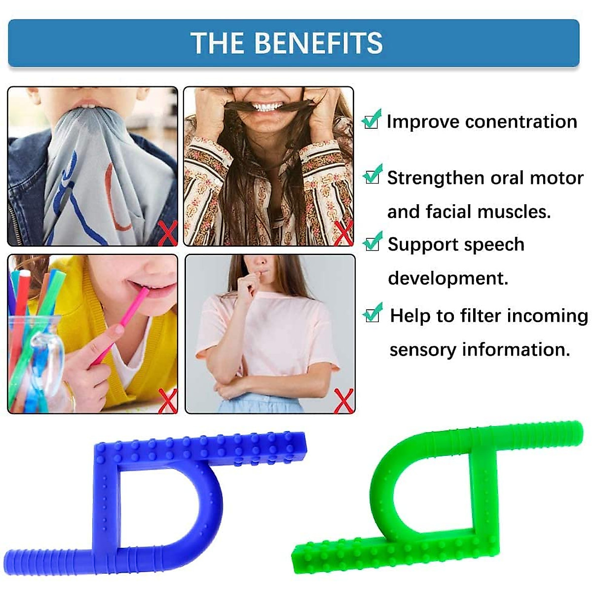 Sensory Chew Toys for Kids with Teething, ADHD, Autism, Biting Needs,Oral Motor Chewy Teether, Silicone chewlery for Boys and Girls(2 Pack Blue Green)