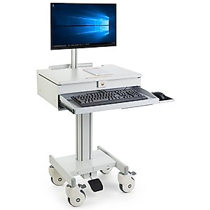 Displays2go Mobile Desk with Monitor Display & Keyboard Tray, Locking Wheels, Steel, Plastic, MDF – Gray (DWMDC1M)