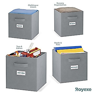 Royexe Item Container 11 Inch Storage Cubes (Set of 8) Storage Baskets, Features Dual Handles & 10 Label Window Cards, Foldable Fabric Closet Shelf, Drawer Organizers Storage, Polypropylene, Gray