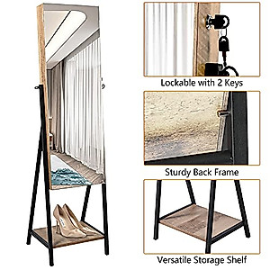 LVSOMT 6 LEDs Freestanding Jewelry Cabinet Armoire with Full-Length Floor Standing Mirror, Lockable Storage Organizer, Dressing Body Mirror, Large Capacity with Cosmetic Bags, Trays, Shelves (Wood)