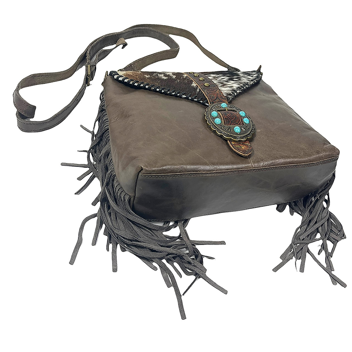 Urbalabs Western Crossbody Fringe Buckle Cowhair Leather Messenger Teal Stone Tooled Tote Bag Hand Stitched Purses (Dark Brown)
