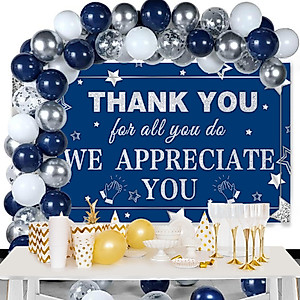 We Appreciate You Decorations Blue Silver Thank You Banner with Balloons Arch Kit We Appreciate You Backdrop for Employee Staff Teacher Doctors Nurse Poaster Volunteer Appreciation Week Party Decor