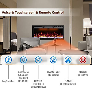 Mystflame 72 Inch WiFi-Enabled Electric Fireplace Inserts & Wall Mounted, Slim Electric Fireplace Heater, 750/1500w, Adjustable Flame Color, Remote Control & Touch Screen, Logs & Crystals, Black