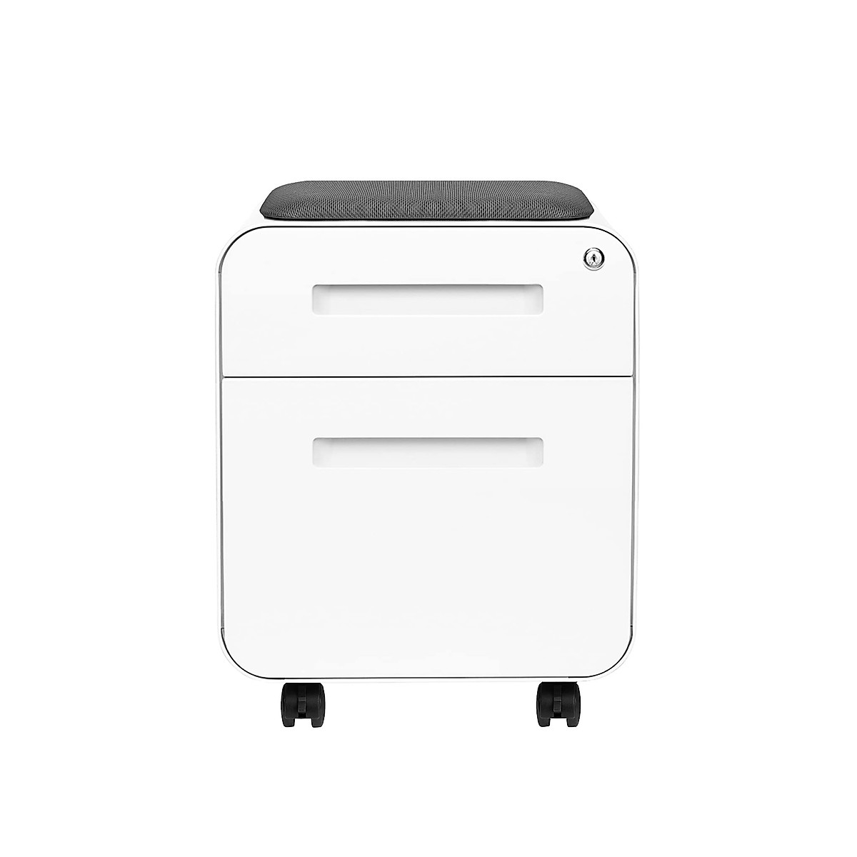 Laura Davidson Furniture STOCKPILE Mini Seated 2 Drawer Mobile File Cabinet with Removable Magnetic Cushion Seat - Short Version, Metal Filing Cabinet, Pre-Assembled, White with Grey Cushion