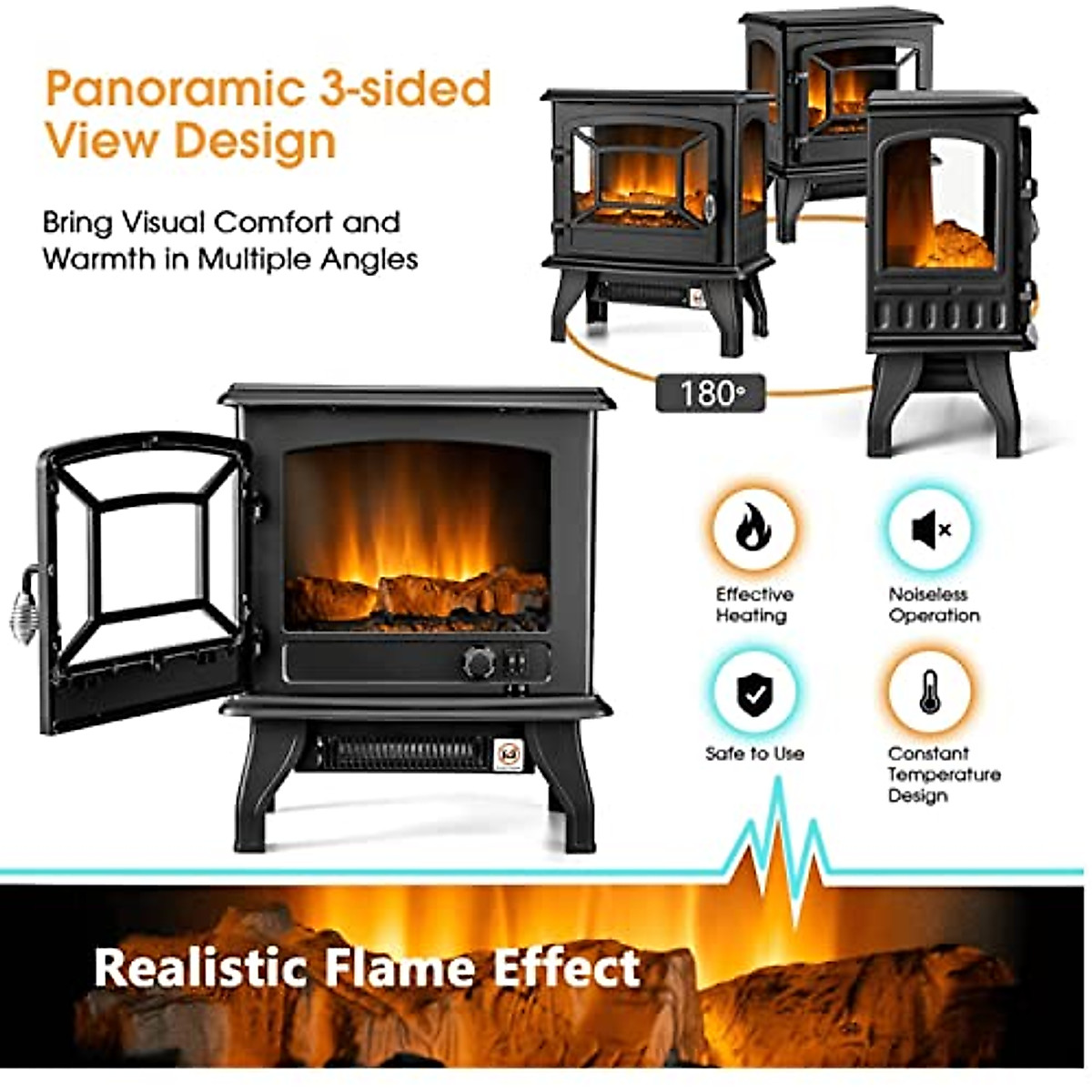 Fireplace Heaters for Indoor Use, Freestanding Electric Infrared Heater, 20" Portable 1500W/4780BUT Stove Heater w/Adjustable Thermostat, 3D Realistic Log Flame, CSA Certified, Overheat Protection