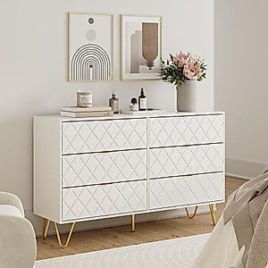 Masupu 6 Drawer Dresser, Modern Drawer Chest, Wide Storage Dresser Chest Cabinet Organizer Unit with Metal Legs, Chest of Drawers for Bedroom, Living Room, Closet, Entryway, White Large