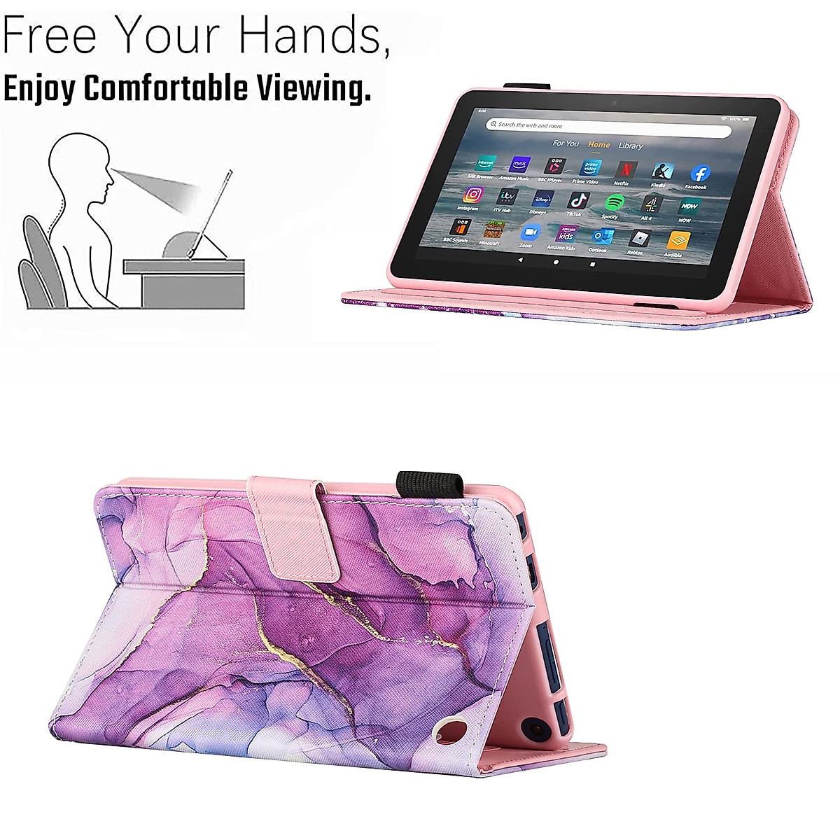 AKHIOK Case for All-New Amazon Fire 7 Tablet (Only fit 12th Generation, 2022 Release), Fire 7 Tablet Case, Premium PU Leather Stand Cover with Smart Auto Wake/Sleep, Purple Marble