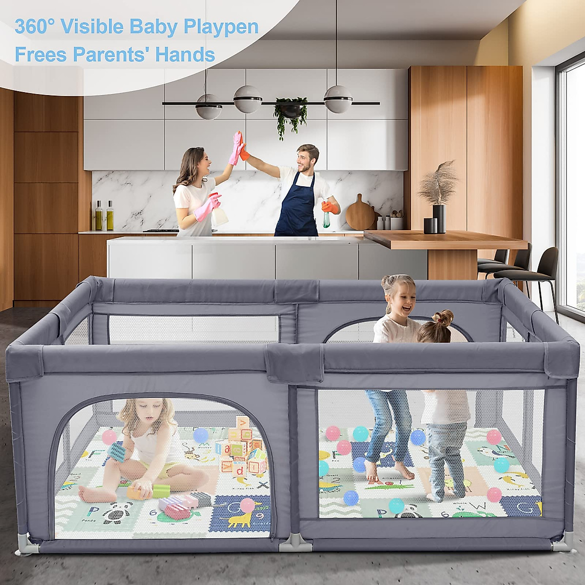 Extra Large Baby Playpen with Mat, playpen with 50 Pit Balls, Shock Absorbing Mat, Anti-Slip Suckers, 81'x65' Baby Play Yard with Gate, Play Pen for Babies and Toddlers Indoor Outdoor (Dark Gray)