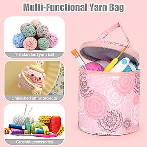 Katech Mini Yarn Storage Bags, Portable Yarn Bag for Crocheting with Holes Organizer Crochet Thread Sewing Accessories Storage Tote Bag for Carry Crochet Hooks Skein Yarn (Pink Floral)