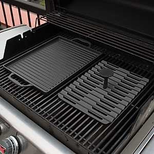 Grillville USA Cast Iron Grill Pan and Press, Indoor/Outdoor Grill Pan and Weighted Press Set, Porcelain Enamel Coating, Use on the Stovetop or Grill, Vented Design Keeps Food Crisp