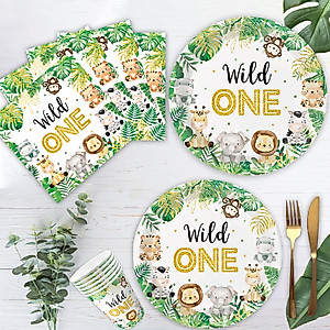 Jungle Safari Baby Shower Decorations Tableware Set Serves 24, Animals Paper Plates, Napkins, Cups, Cutlery for Baby Boy Wild One Birthday Baby Shower Party Supplies