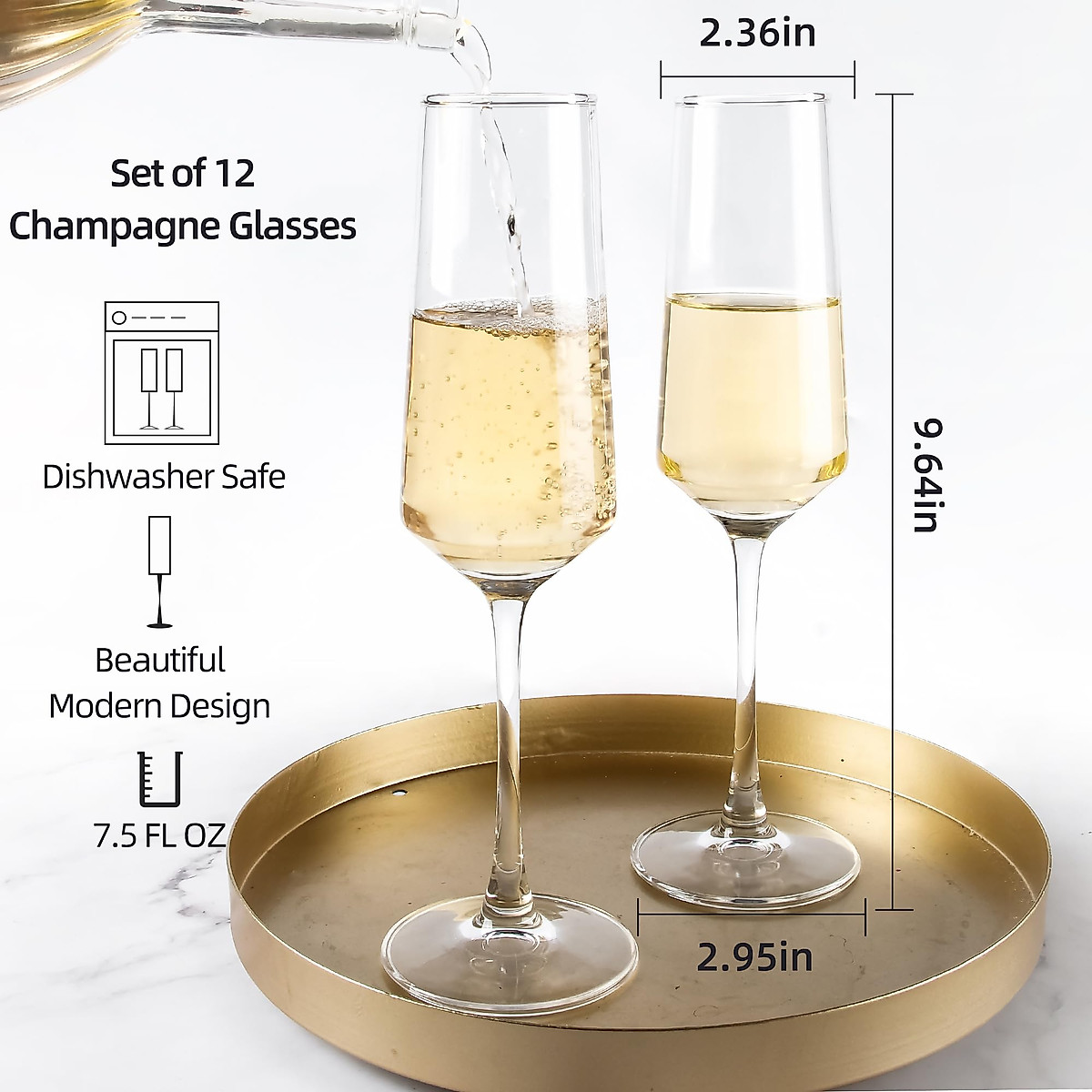 Champagne Glasses Set of 12, Elegant Champagne Flutes, Modern Sparkling Wine Glasses for Home Bar, Wedding, Anniversary, 7.5 oz, Clear