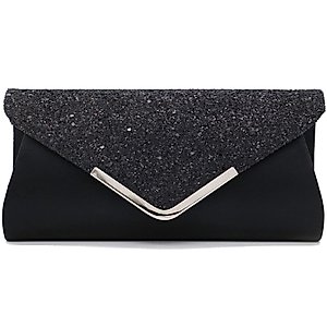 ZIUMUDY Sparkly Glitter Evening Envelop Clutches Shoulder Chain Bags Bridal Wedding Clutch Purse Wallet (Black)