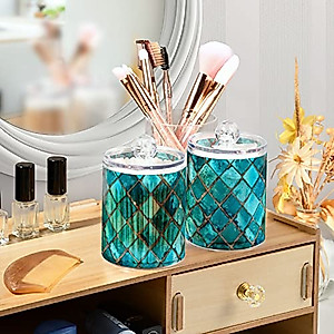 JUMBEAR 4 Pack Turquoise Grey Qtip Holder Dispenser with Lid, 14 oz Clear Plastic Apothecary Jar Set for Bathroom Vanity Organizers Storage Containers