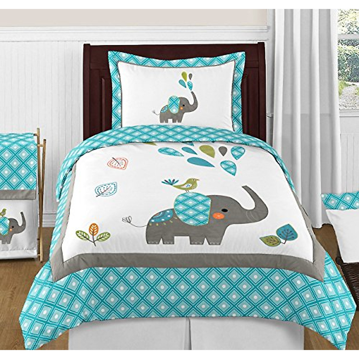 Sweet Jojo Designs Turquoise Blue Gray and White Mod Elephant Fabric Memory/Memo Photo Bulletin Board