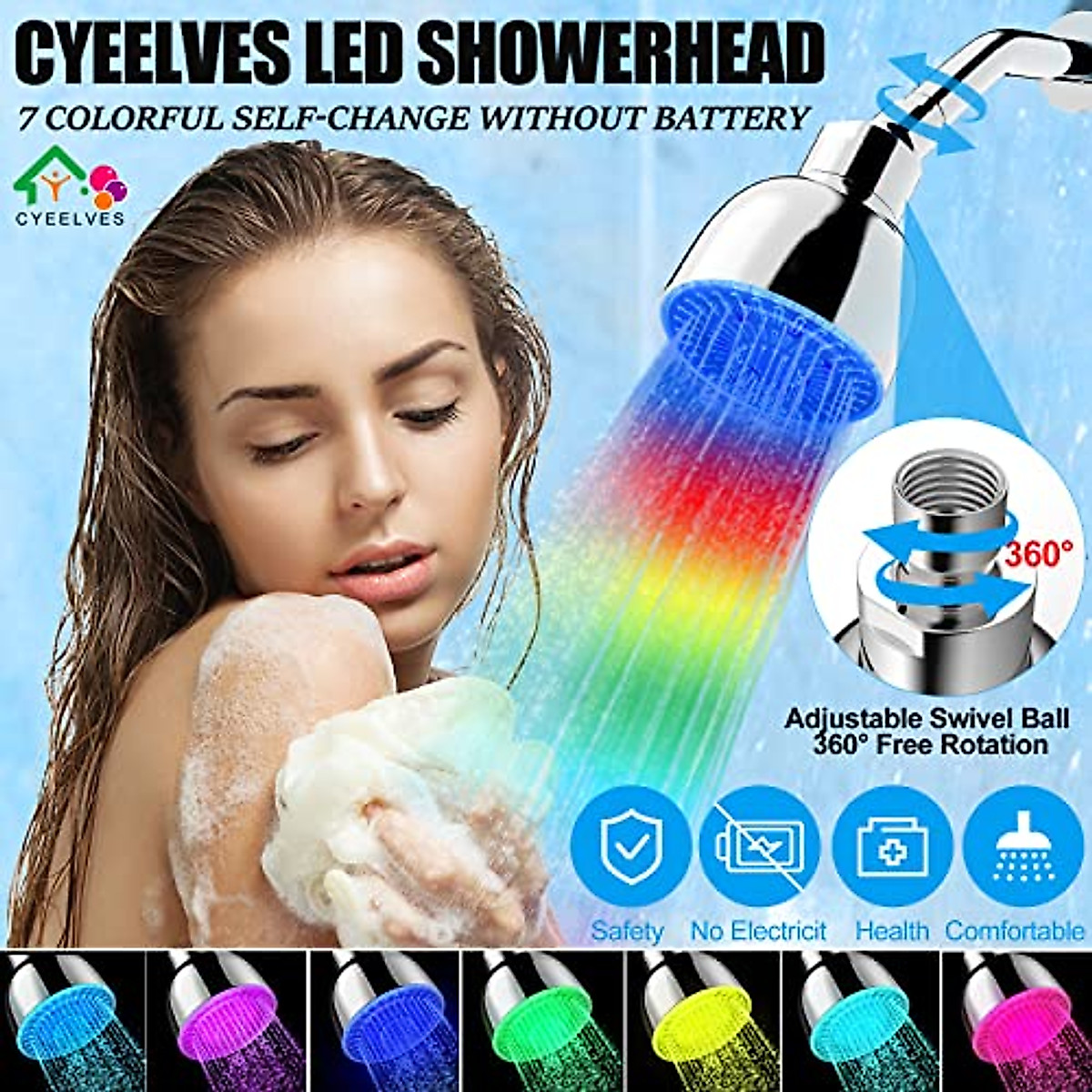LED Shower Head, Shower Head with Lights, 7 Color Light Automatically Changing Led Rainfall Showerhead, LED Fixed Showerheads for Bathroom, High Pressure Quiet Adjustable Rain Showerhead for Kid Adult