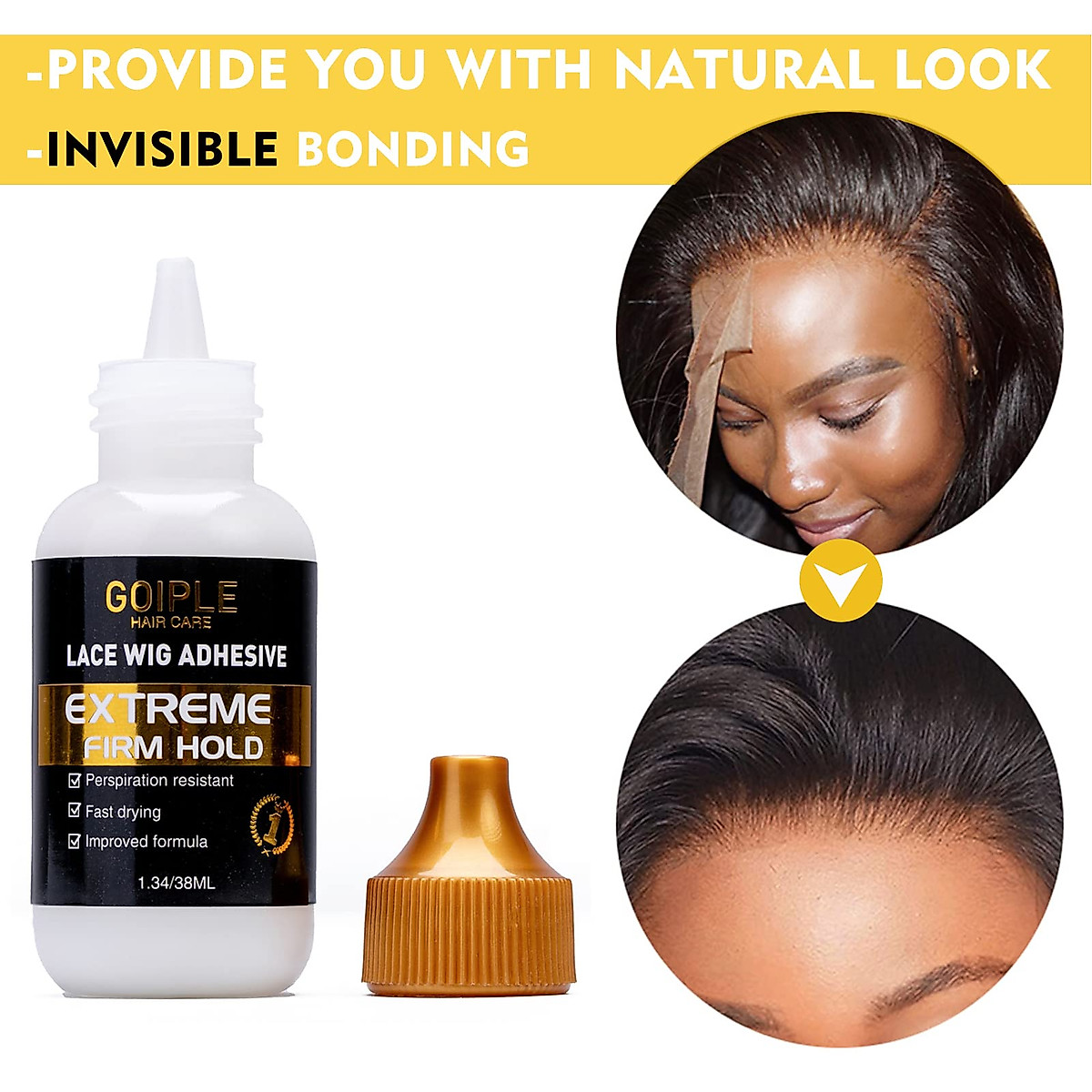 Goiple Wig Glue 1.34OZ, Waterproof Lace Front Wig Glue for Wigs, Strong Hold Transparent Lace Adhesive for Hair Replacement (38ML)