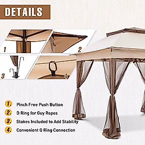 INTER HUT 11x11 Outdoor Pop up Gazebo Tent with Mesh Walls for Patio, Lawn, Backyard and Deck, Beige