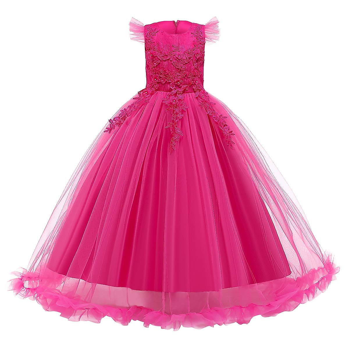 Girls Lace Pageant Party Dress Wedding Flower Girl Maxi Gowns Flower A Line Birthday Dance Evening Tulle Floor Length Skirt Hot Pink 6-7 Years