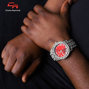 Charles Raymond Mens Silver Big Rocks with Roman Numerals Fully Iced Out Colorful Dial Watch - ST10327 RN Single (Blood Red/Silver)