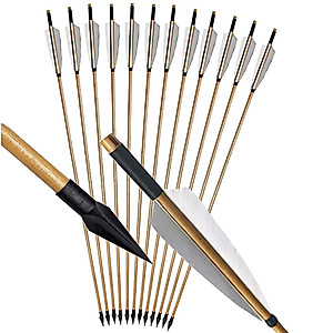 e5e10 33" Archery Wooden Arrows with Turkey Feather and Sharp Iron Tips for Recurve Bow Longbow Hunting (12White)