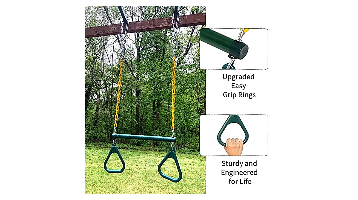 Take Me Away 18'' Trapeze Swing Bar Rings for Kids - Heavy Duty Chains