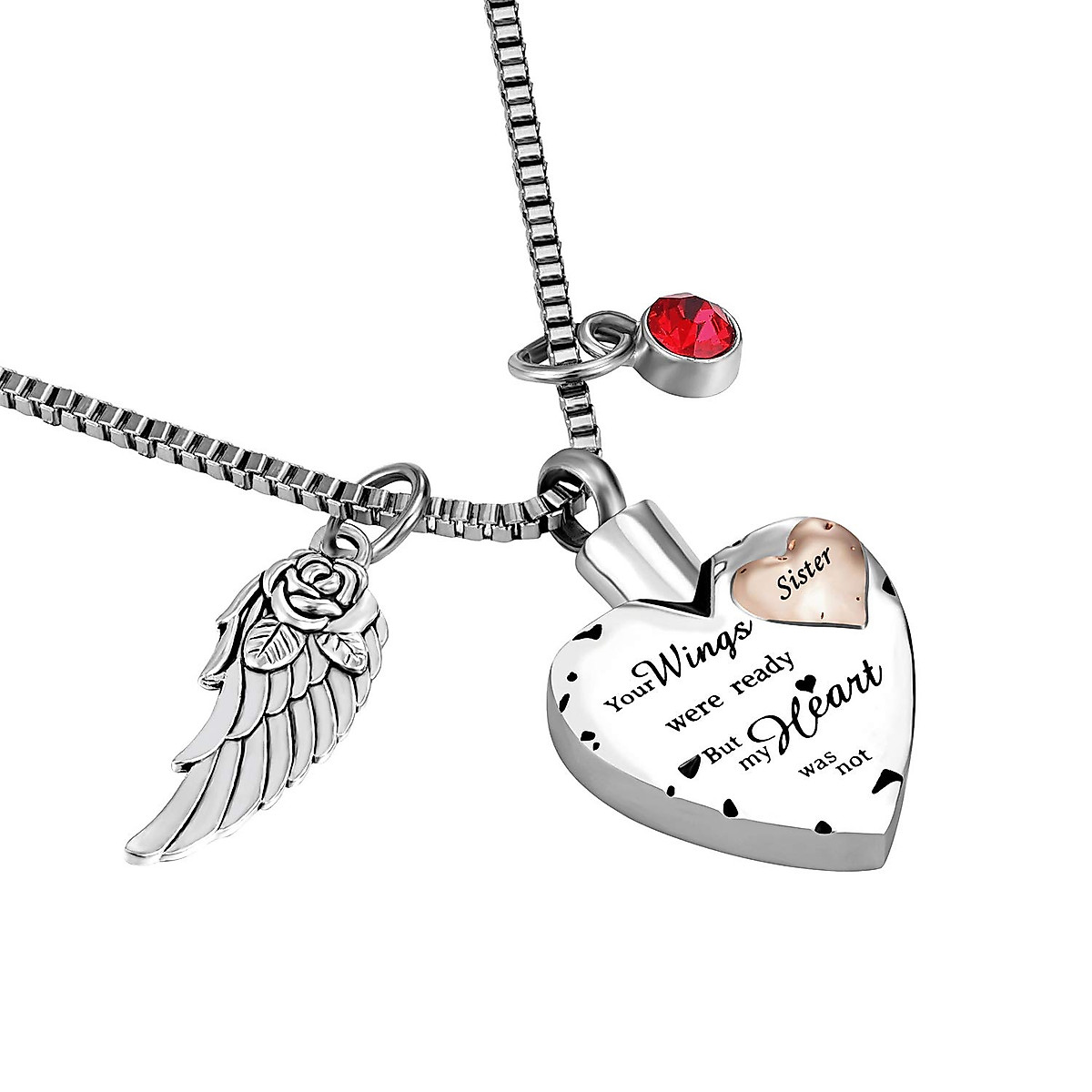 Cremation Urn Necklace Comes With Angel Wing And 12 Birthstones Ashes Jewelry Heart Memorial Pendant (Sister)