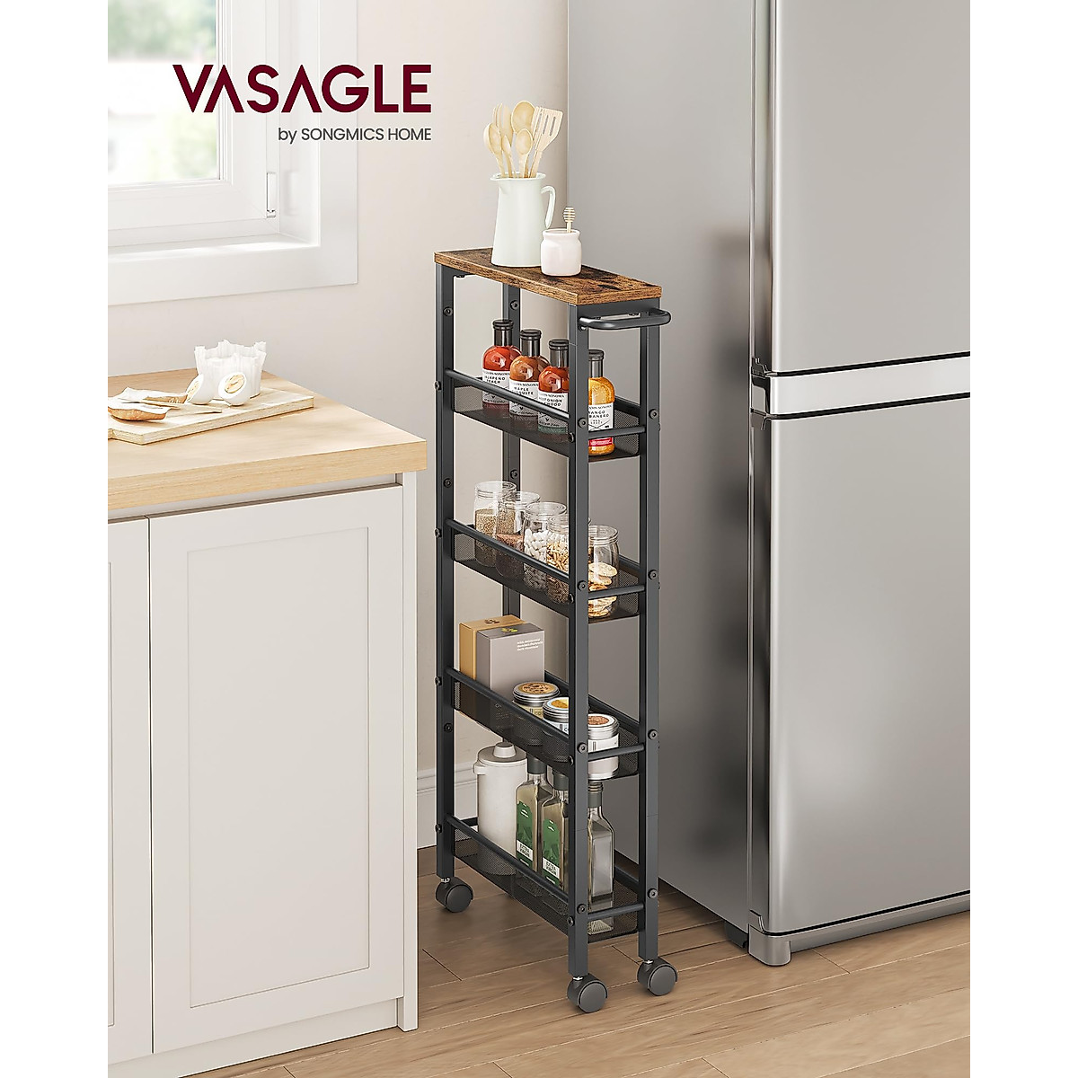 VASAGLE Slim Rolling Cart, 5-Tier Storage Cart, Narrow Cart with Handle, 5.1 Inches Deep, Metal Frame, for Kitchen, Dining Room, Living Room, Home Office, Rustic Brown and Classic Black ULRC034B01