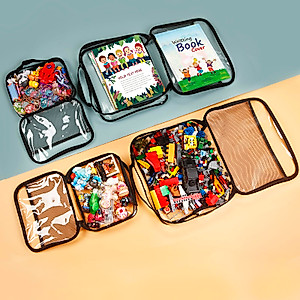 PandaEar 4 Pack Toy Storage Zippered Bags, Clear PVC Portable Organizer Bags with Manual Pockets for Board Games, Puzzles, Building Blocks, Book & Small Toys -Small, Large