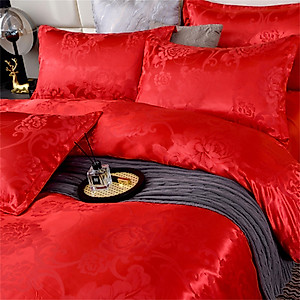 TUMAN Pro European-Style Satin Jacquard Duvet Cover Set, Red Luxury Comforter Set for All-Season, Ultra Soft Breathable Bedding Set with 1 Duvet Cover & 2 Pillowcases,No Comforter (Red, Queen)
