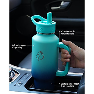 BUZIO 40 oz Tumbler with Handle and Straw, Stainless Steel Insulated Water Bottle Fits in Cup Holder with Straw & Spout Lid, Leak-Proof BPA-Free Travel Mug Keep Cold 48hrs &Hot 24hrs, Caribbean Blue