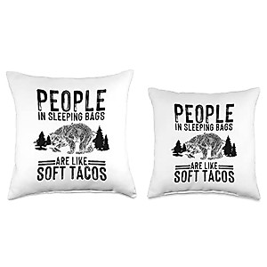 Bear Camping Sleeping Outdoorsy Men Women Designs People in Sleeping Bags are Like Soft Tacos Gift for Campers Throw Pillow, 18x18, Multicolor