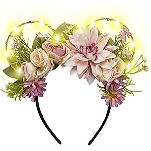 VISSTREE Led Mouse Ears Flower Headband Crown for Adult Women Girls Park, Light Up Mouses Ears Headwear for Animal Theme Wedding Party Daily Park Birthday Baby Shower Halloween Photoshoot Accessories