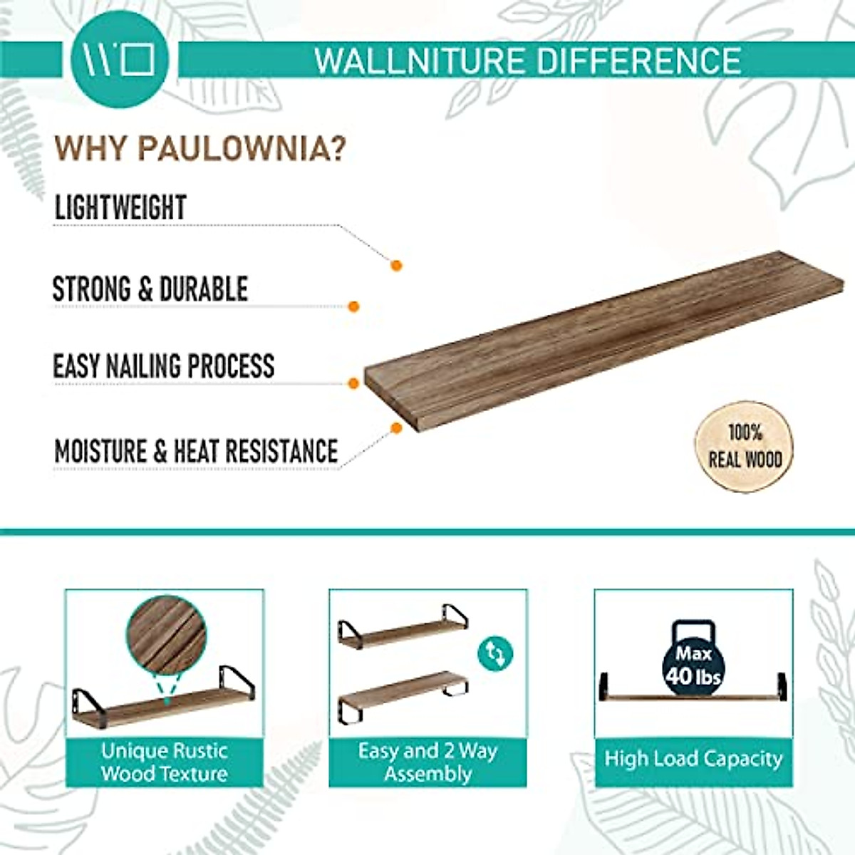 Wallniture Braga 24" Floating Shelves, Bookshelf Wall Decor Living Room Bathroom Shelves Over Toilet, Bedroom Kitchen Organization, Burnt Finish Set of 5