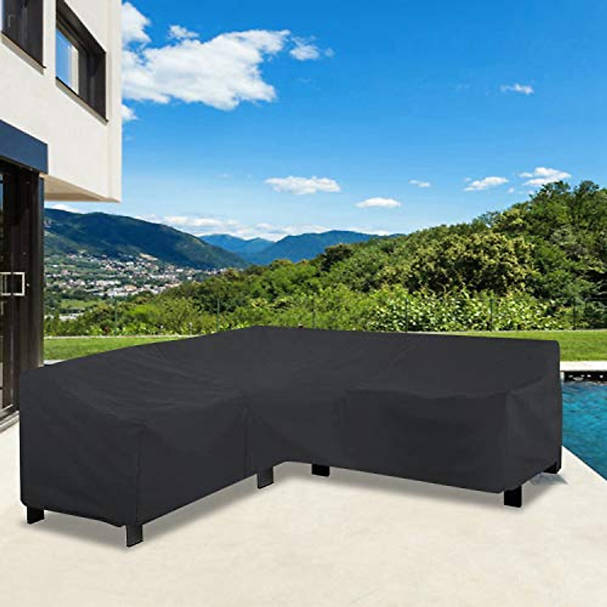 COOSOO Patio Sofa Cover Sectional Waterproof V Shape Corner Sofa Cover Outdoor Dust-Proof Anti-UV Furniture Couch Cover for Lawn Garden Yard Indoor with Windproof Buckle Extra Large Black
