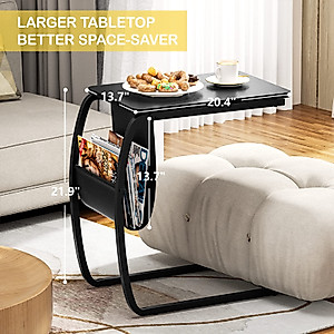 SRIWATANA Side End Tables Living Room, Vintage C-Shaped Laptop Table for Couch, Snack Table with Side Pocket, Black