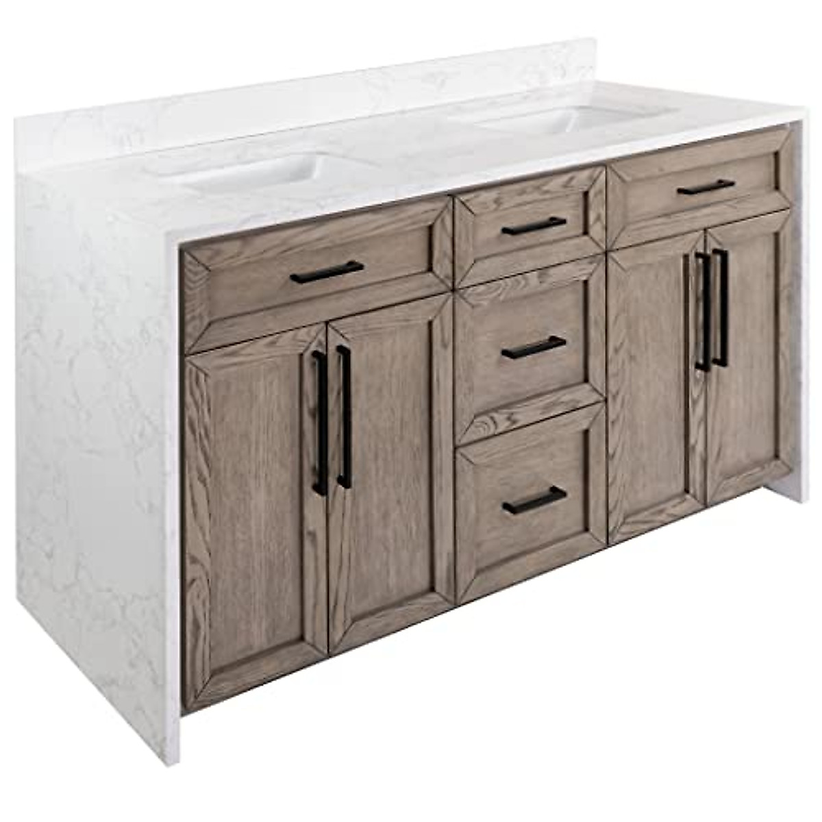 Kitchen Bath Collection Palisade 60-inch Double Bathroom Vanity (Engineered Marble/Gray Oak): Includes Gray Oak Cabinet with Engineered Marble Waterfall Countertop and White Ceramic Sinks