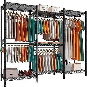 PUNION Heavy Duty Clothes Rack,Wire Garment Rack for Hanging Clothes,Multi-Functional Bedroom Clothing Rack with 5 Hanger Rod,7 Shelves,2 Side Hooks,Extra Wide 86"W X18”D X77”H, Max Load 1500LBS,Black